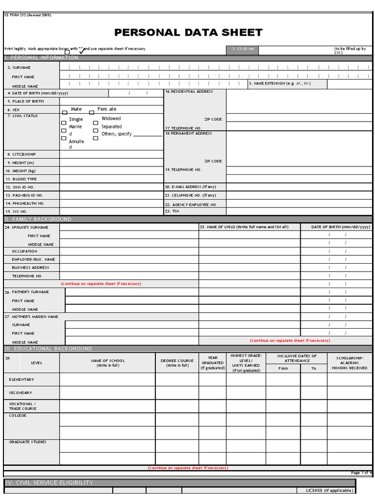 Personal Data Sheet CS Form 212 | PDF