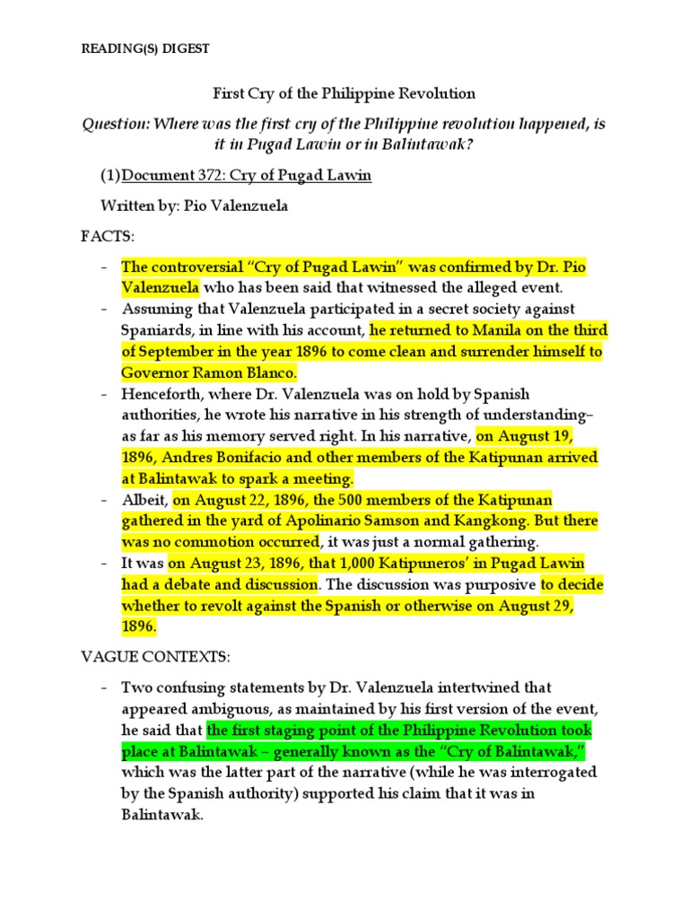 First Cry of The Philippine Revolution | PDF | Luzon | Wars Of Independence