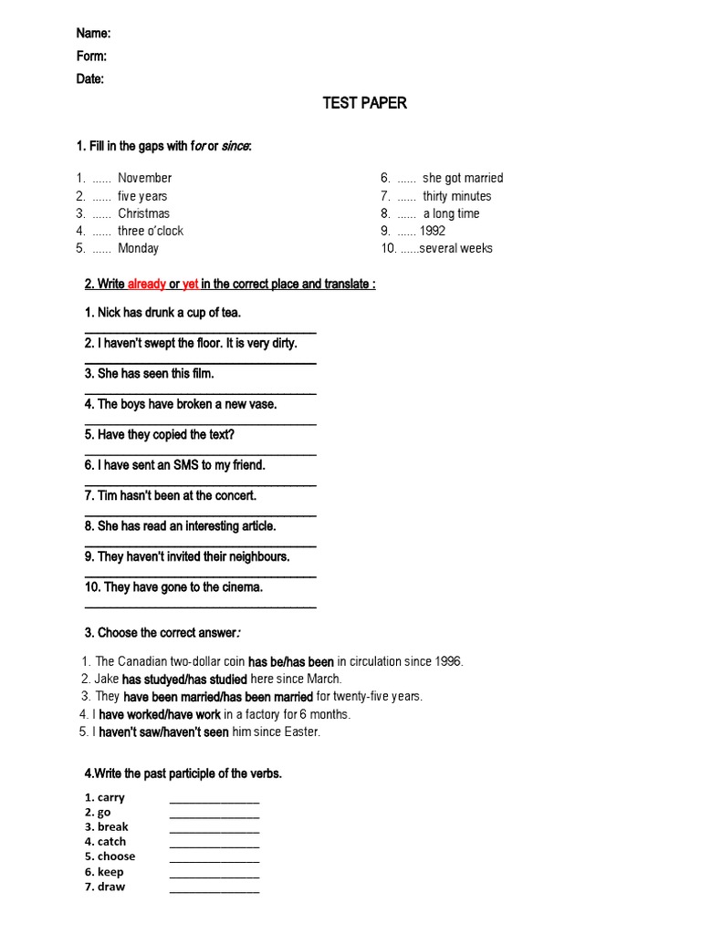 Test Paper 7th Grade Present Perfect Simple | PDF