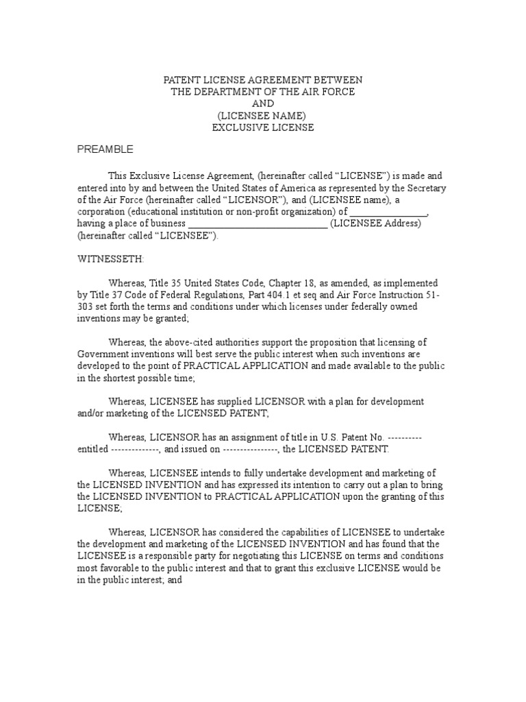 Example Exclusive Patent License | PDF | License | Royalty Payment