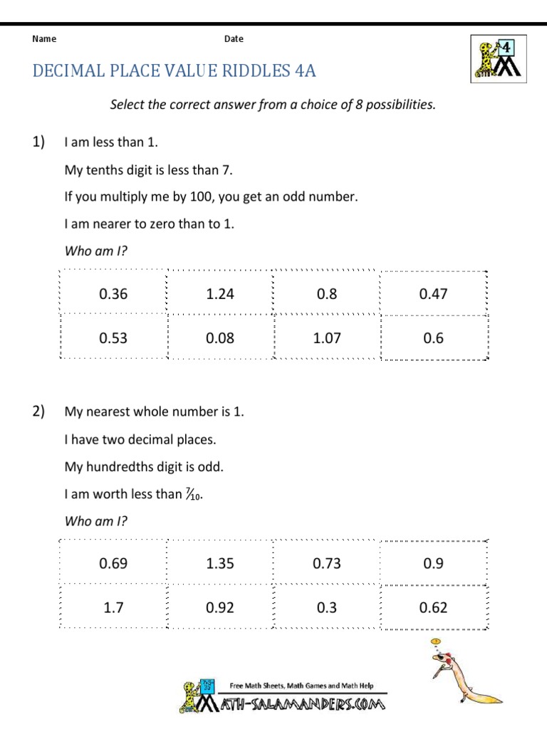 Decimal Place Value Riddles 4a Pdf