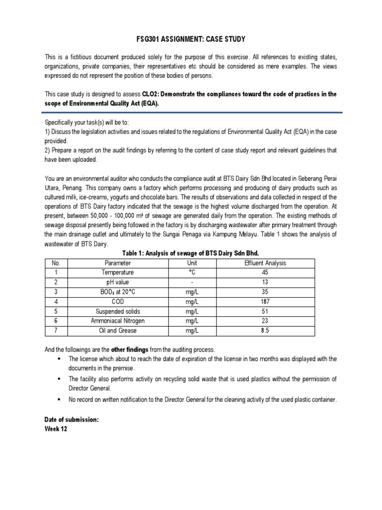 Fsg301 Assignment: Case Study: Scope of Environmental Quality Act (EQA ...