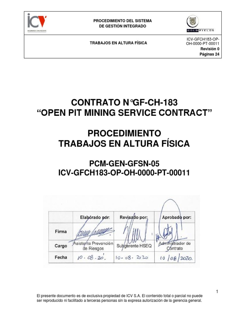 ICV-GFCH183-OP-OH-0000-PT-00011 PROCEDIMIENTO TRABAJOS EN ALTURA FÍSICA Rev.0 | Descargar gratis ...