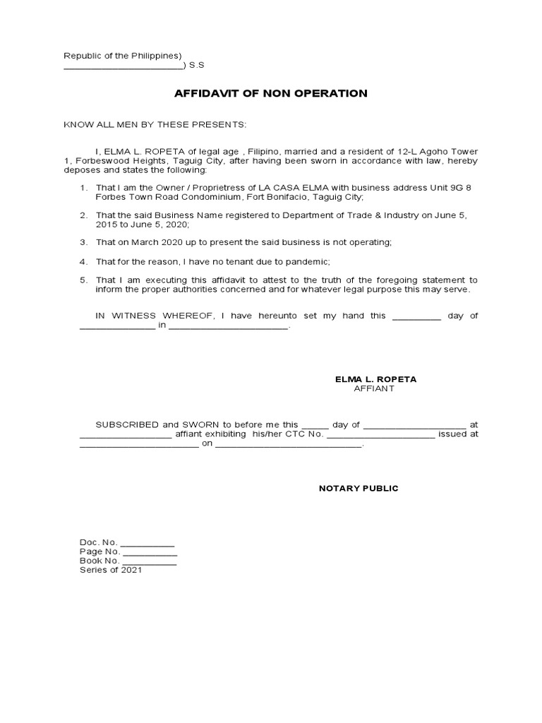 Affidavit of No Operation | PDF | Finance & Money Management