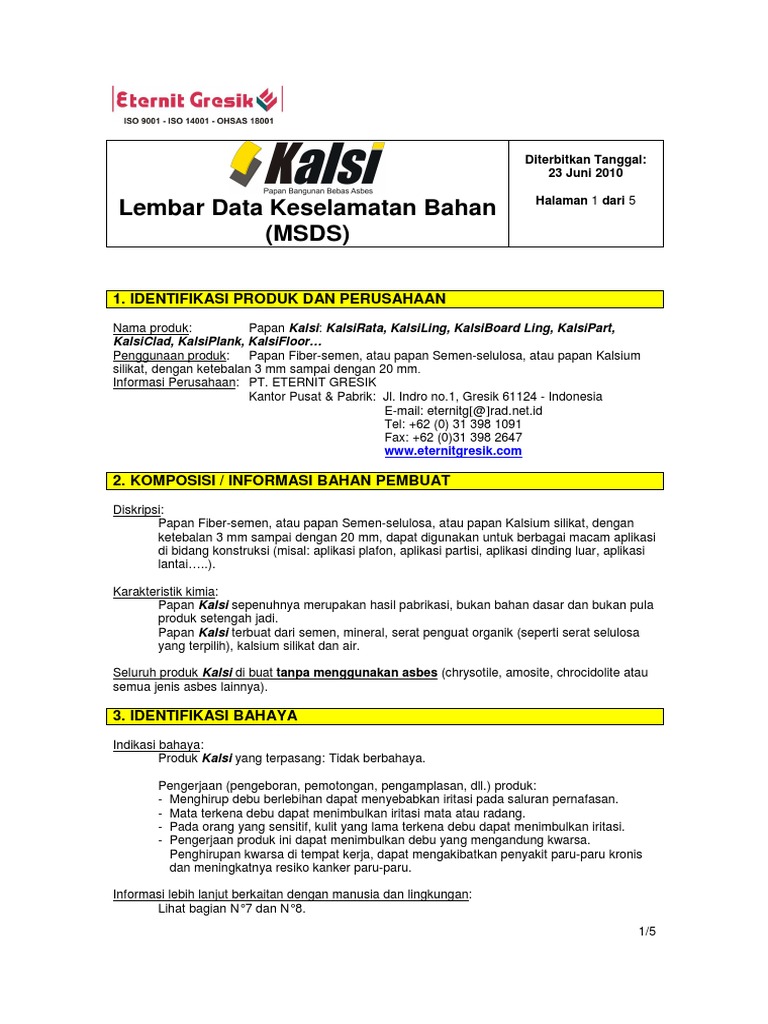 Lembar Data Keselamatan Bahan (MSDS) : 1. Identifikasi Produk Dan Perusahaan | PDF