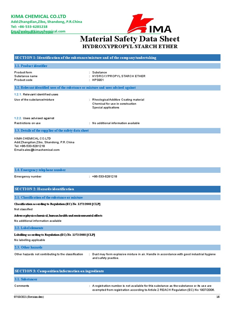 Msds Hydroxypropyl Starch Ether Hps | Download Free PDF | Toxicity | Materials
