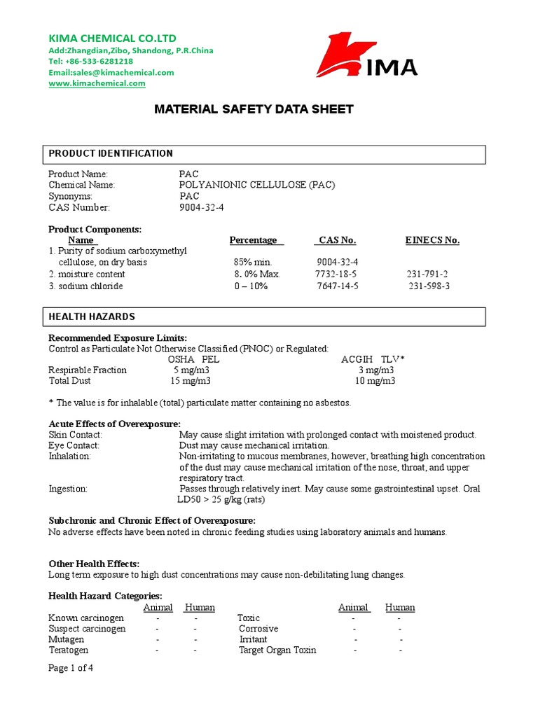 Msds Polyanionic Cellulose Pac | PDF | Personal Protective Equipment ...