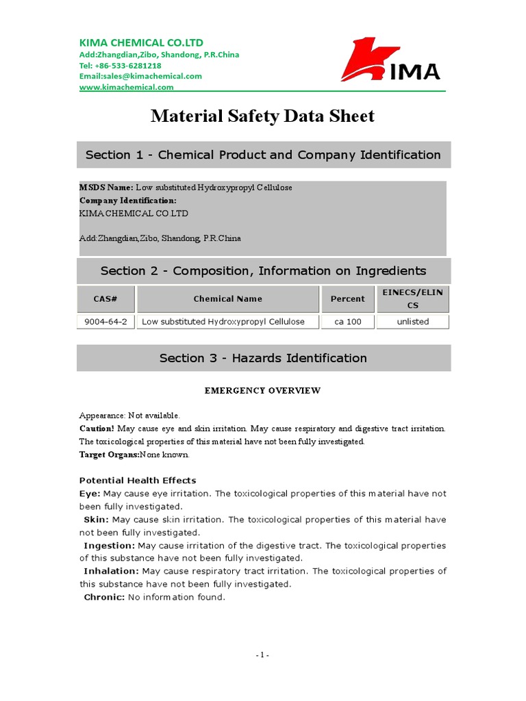 Msds Low Substituted Hydroxypropyl Cellulose L-HPC | PDF | Personal Protective Equipment ...