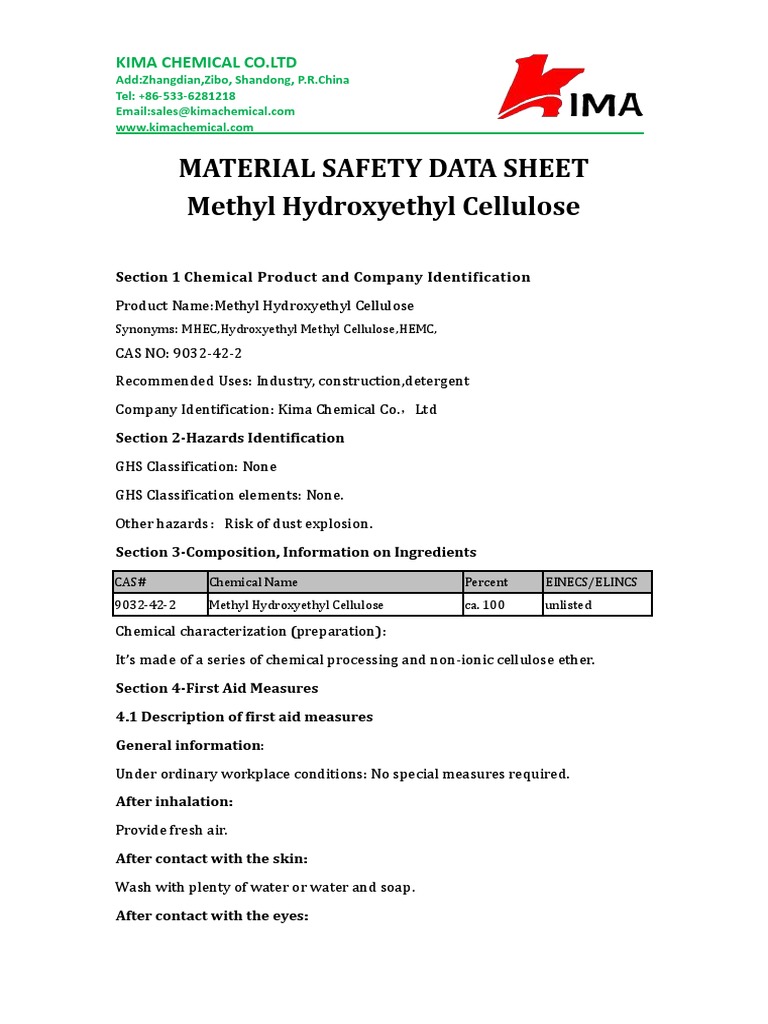 Msds Methyl Hydroxyethyl Cellulose Mhec | PDF | Hazardous Waste ...