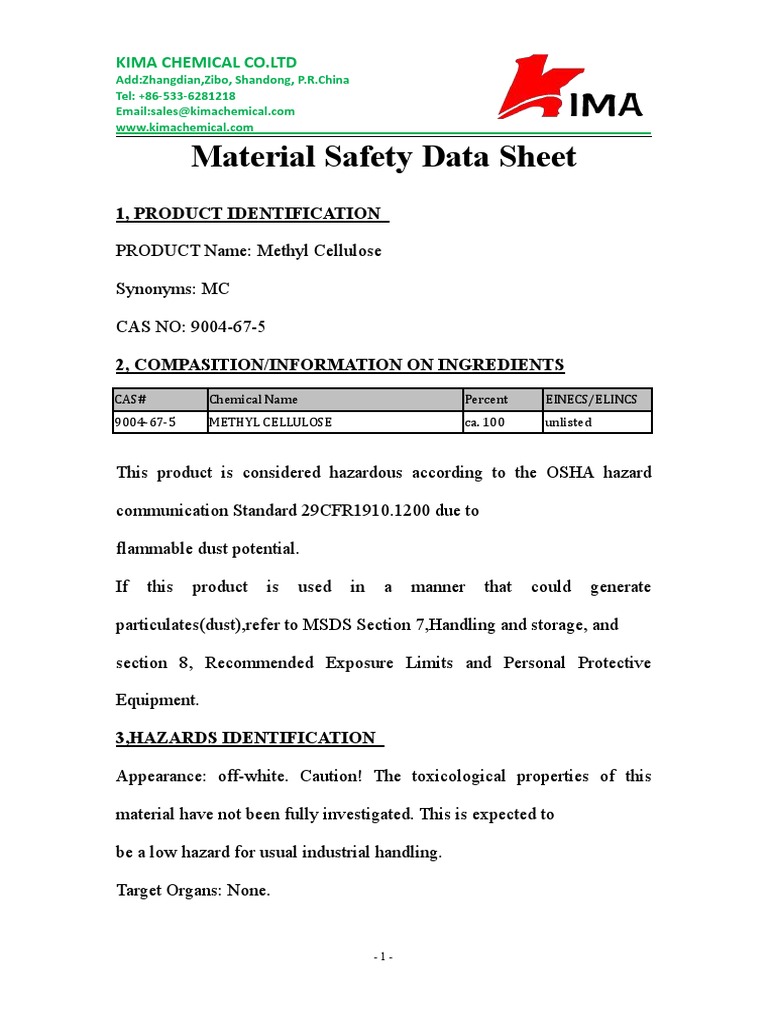 Msds Methyl Cellulose MC | Download Free PDF | Personal Protective ...