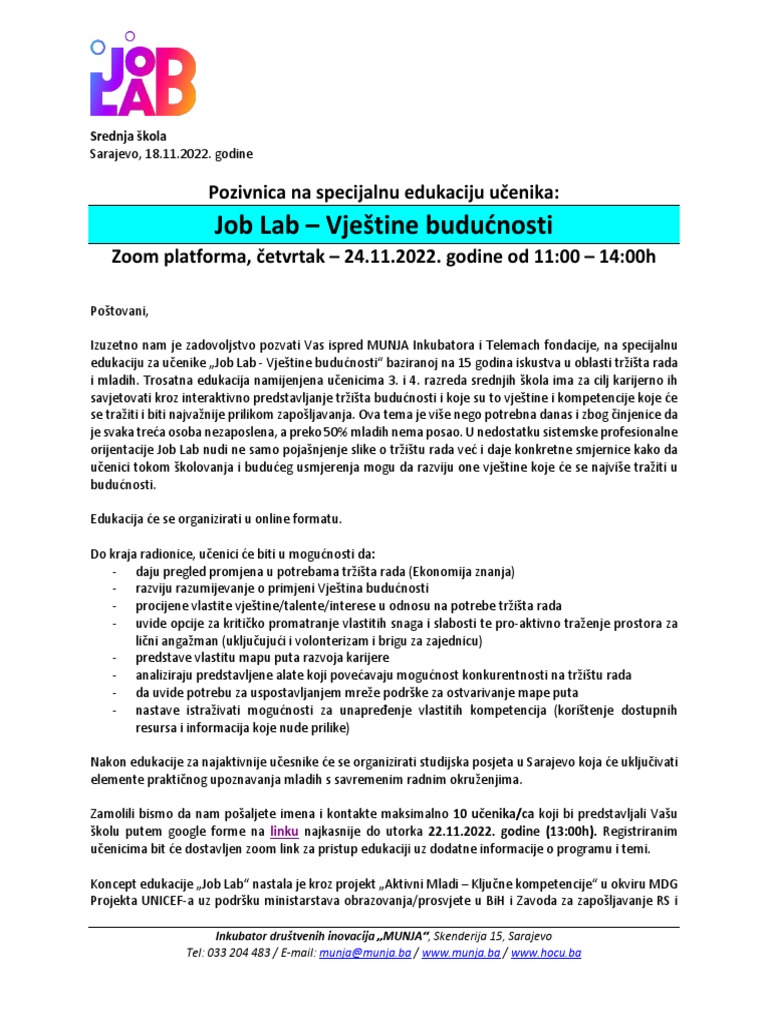 JobLab Radionica ZOOM - Pozivnica - 11.2021 | PDF