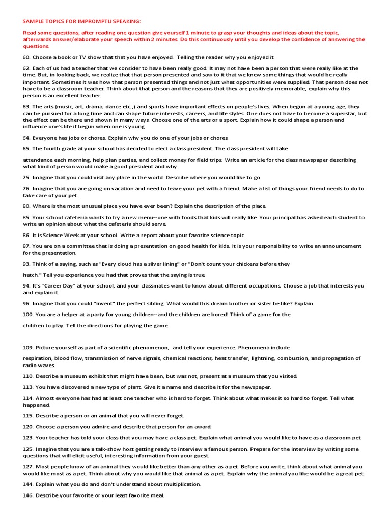 Sample Topics For Impromptu Speaking | PDF | Classroom | Pet