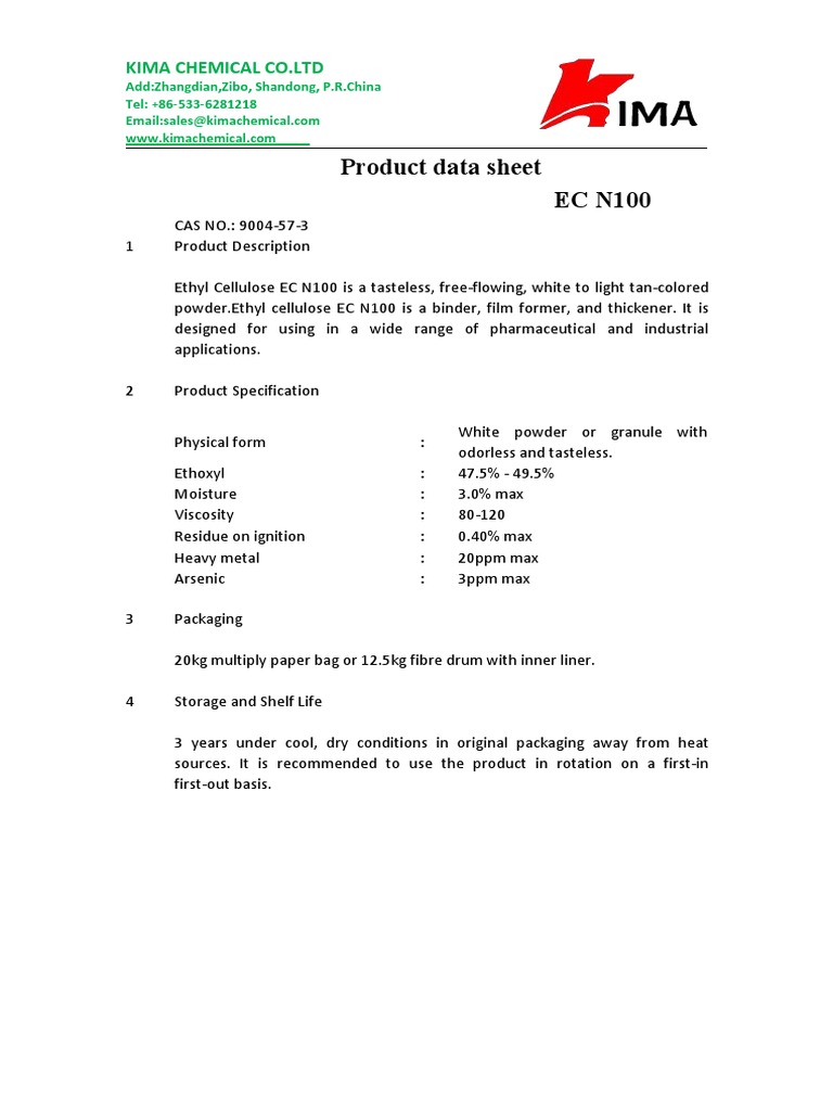 Product Data Sheet EC N100: Kima Chemical Co - LTD | PDF