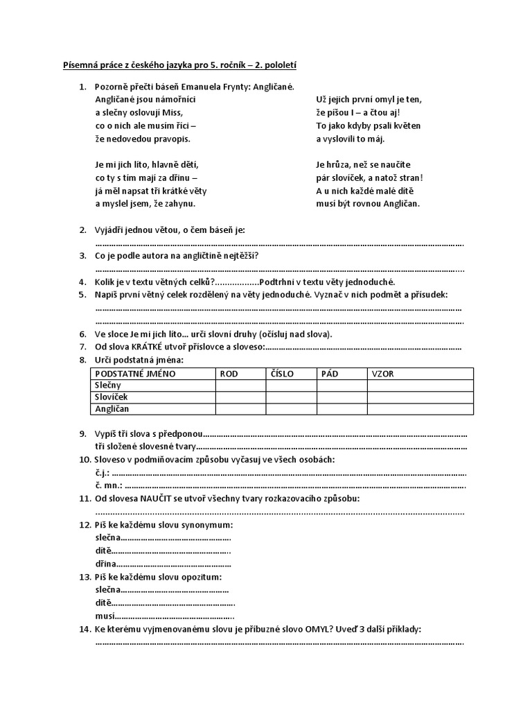Pisemna Prace Z Ceskeho Jazyka Pro 5. Rocnik - 2. Pololetí | PDF