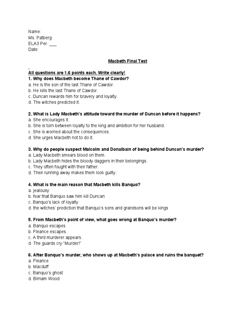 Macbeth Final Exam Study Guide | PDF | Macbeth | Shakespearean Tragedies