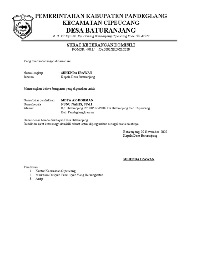 Surat Keterangan Domisili MDTA Ar-Rohman | PDF