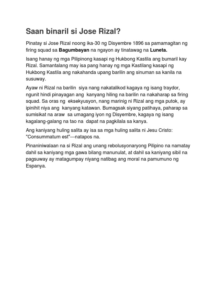 Saan Binaril Si Jose Rizal | PDF Saan Binaril Si Jose Rizal | PDF