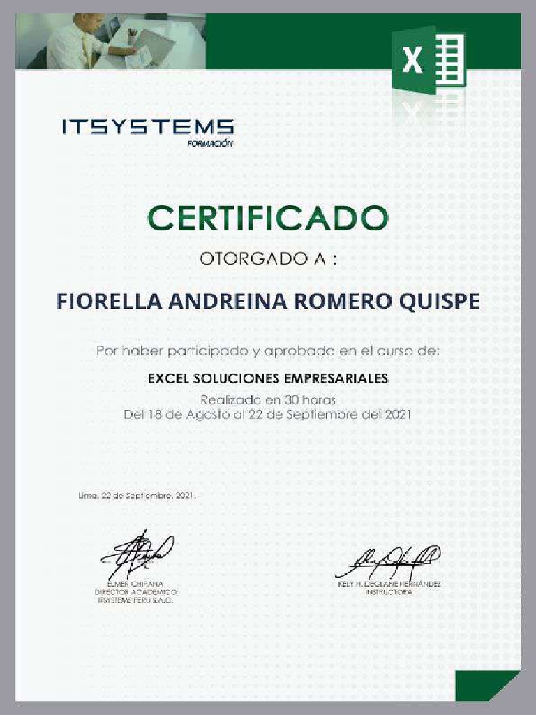 Modelo de Certificado Excel Empresarial - Itsystems Peru | PDF