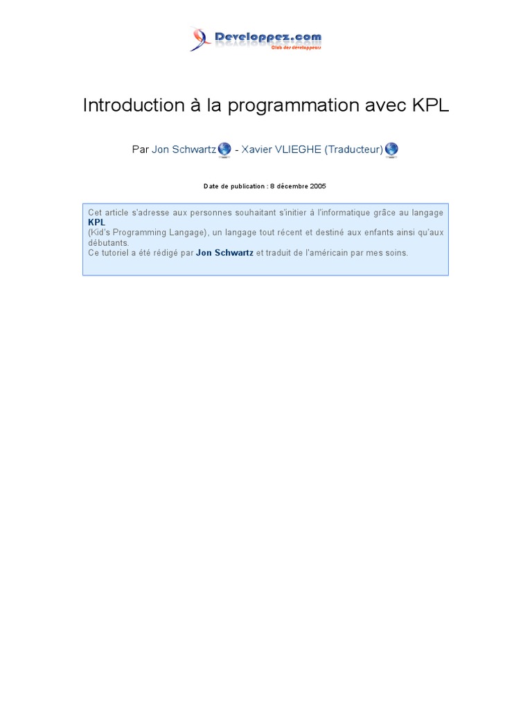Introduction À La Programmation Avec KPL Par Jon Schwartz - Xavier VLIEGHE (Traducteur) - KPL ...