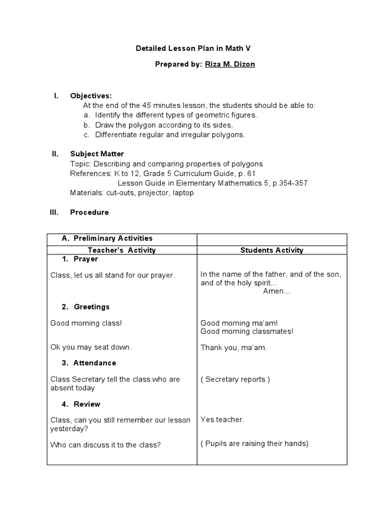 Detailed Lesson Plan in Math V | PDF | Shape | Polygon