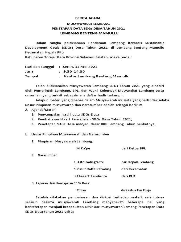 BA. Musdes Penetapan Data SDGs Desa 2021 | PDF
