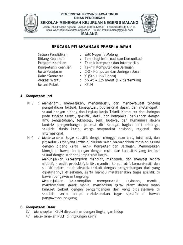 RPP (KD 3.1 Menerapkan K3LH Disesuaikan Dengan Lingkungan Kerja) | PDF