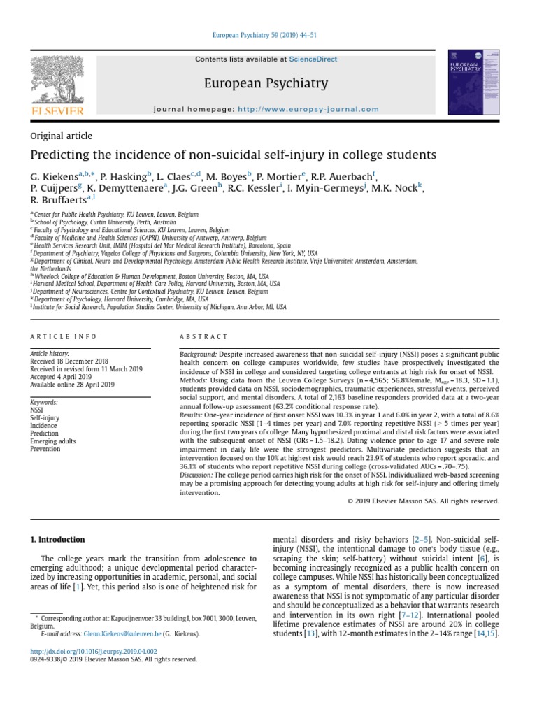 Predicting The Incidence of Non Suicidal Self Injury in College ...