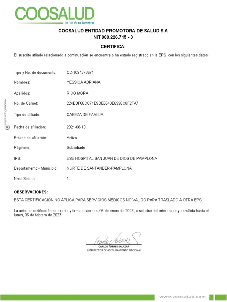 Certificado Coosalud | PDF