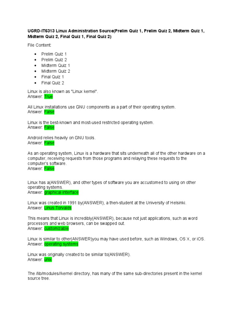 UGRD IT6313 Linux Administration SourcePrelim Quiz 1 Prelim Quiz 2 Midterm Quiz 1 Midterm Quiz 2 ...