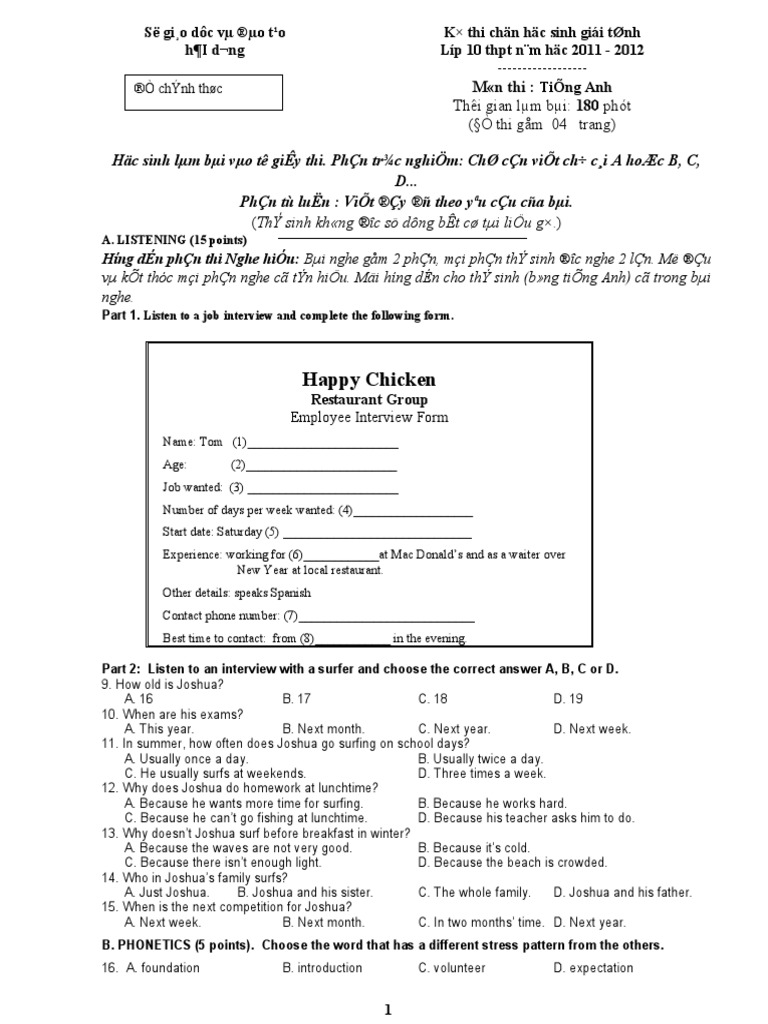 De Va Dap An Thi HSG Lop 10 Mon Tieng Anh Nam Hoc 2011 2012 Tinh Hai Duong | PDF | Walt Disney ...