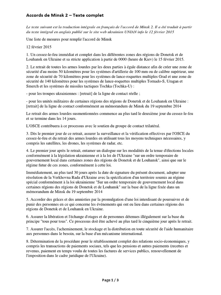 Accord de Minsk 2 : Texte intégral | PDF | Ukraine | Organisation pour ...