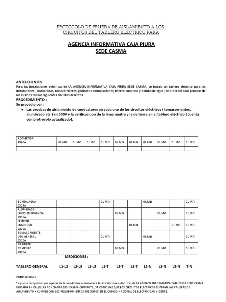 Protocolo de Prueba de Aislamiento Casma | PDF