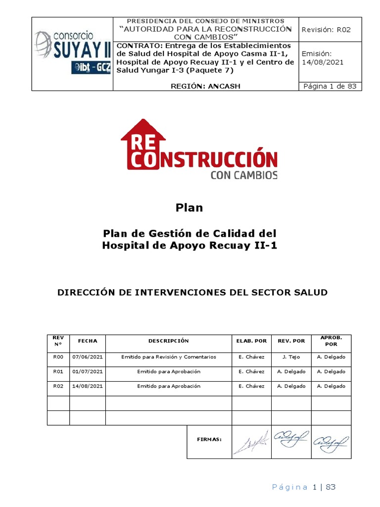 Plan de Gestión de Calidad-Hospital Apoyo Recuay II-1 Rev. 02 | PDF | Calidad (comercial ...