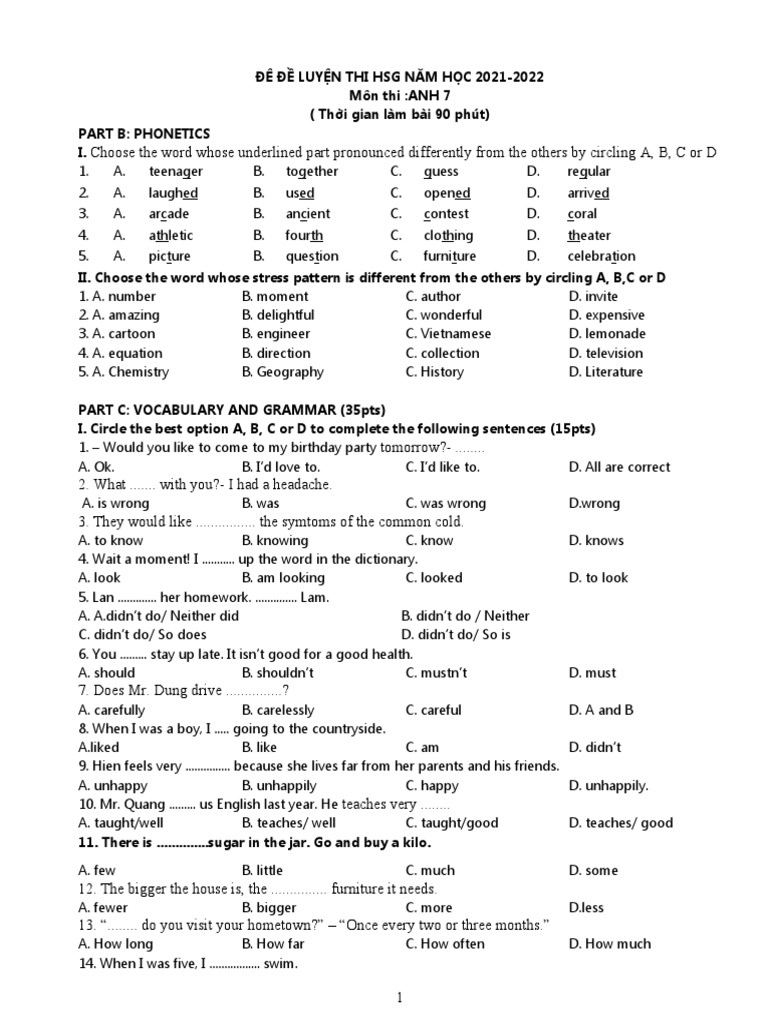 Đề Hsg Anh 7 Số 4 | PDF