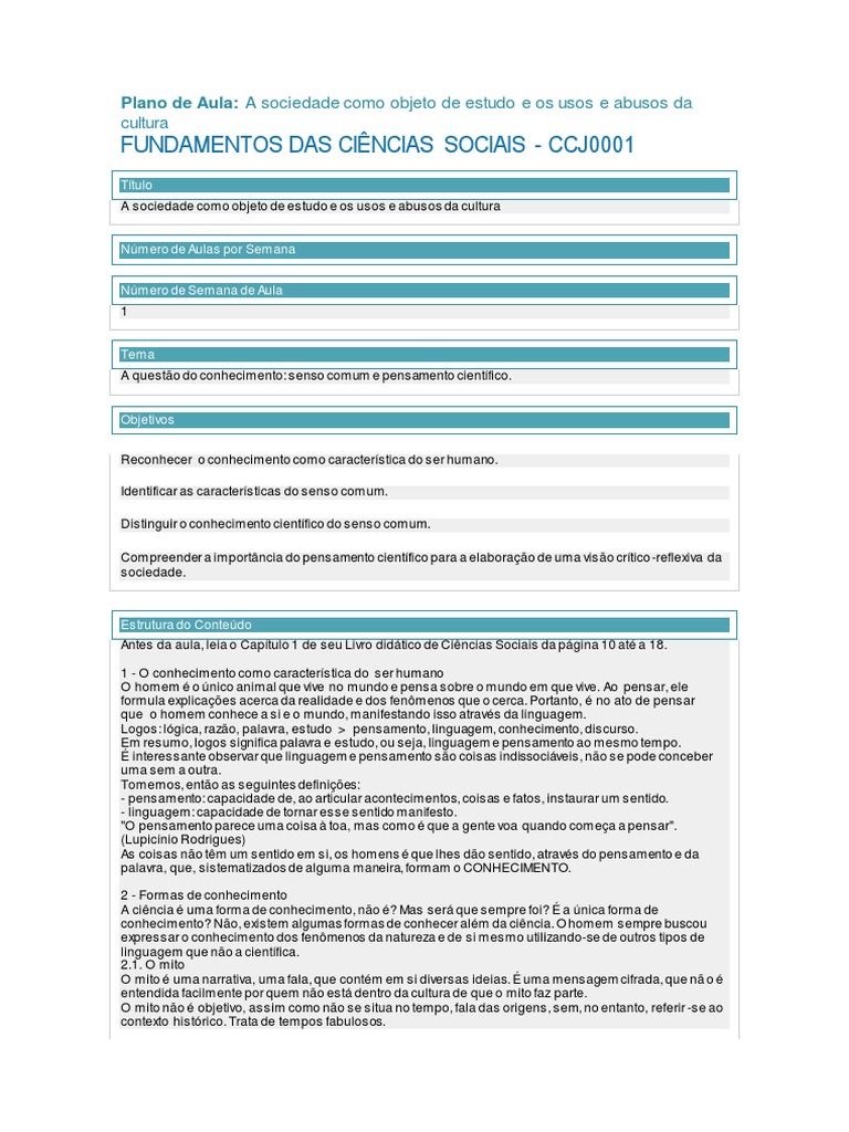 Plano de Aula 01 | PDF | Science | Conhecimento