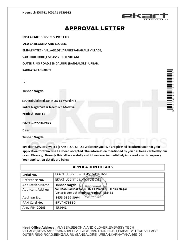 Approval Letter: Instakart Services PVT - LTD | PDF