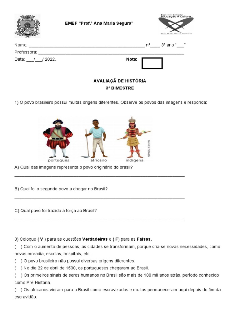 Avaliação de História e Geografia 3º Ano | PDF | Brasil | Portugal