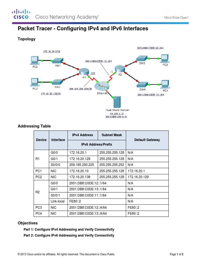 Packet Tracer - Configuring IPv4 and IPv6 Interfaces Instructions | PDF ...