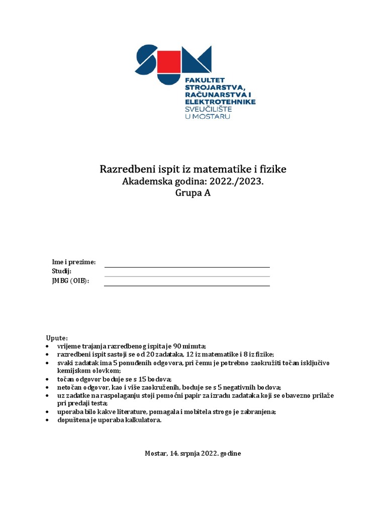 FSRE - Razredbeni Ispit 2022 - Grupa A - 1661255404 - 5 | PDF