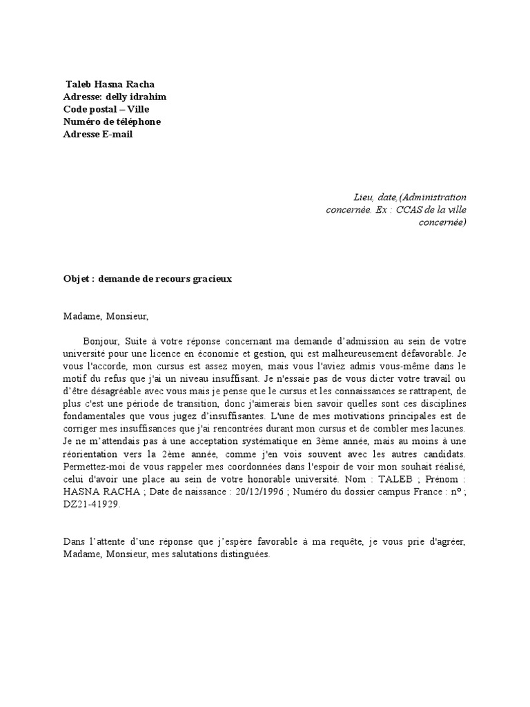 Modele de Lettre de Demande de Recours Gracieux | PDF