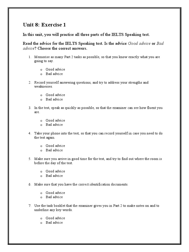 Unit 8 Speaking Pdf International English Language Testing System