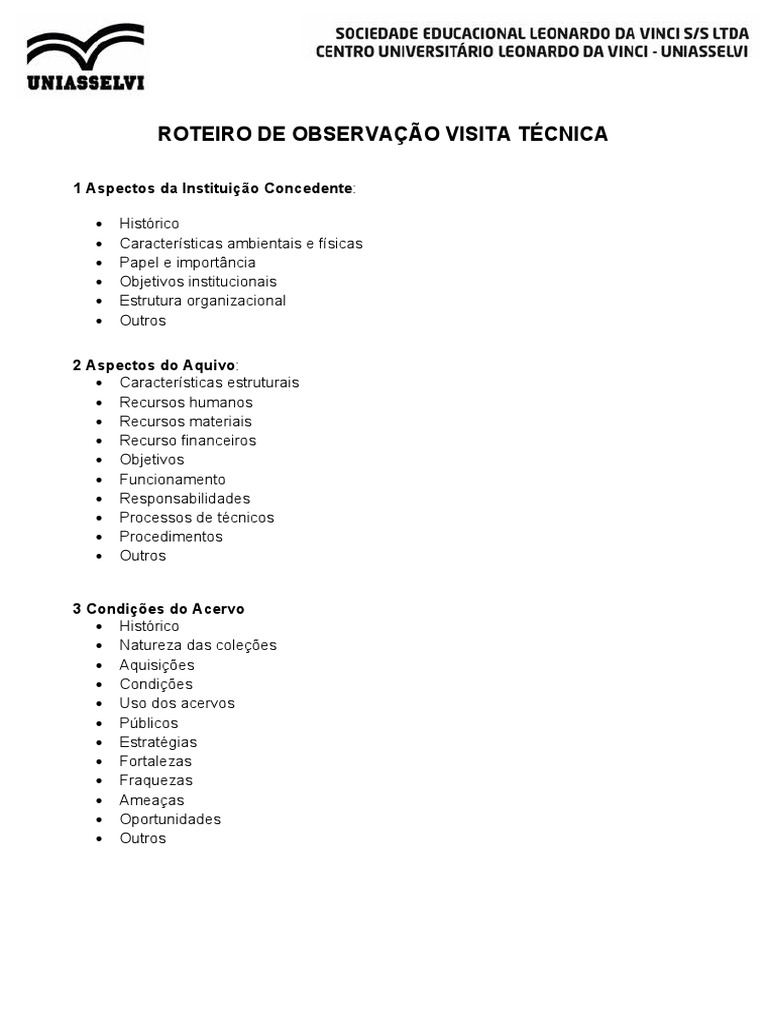 Roteiro de Observação Visita Técnica | PDF