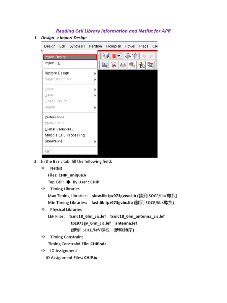 Reading Cell Library Information and Netlist For APR: 1. Design Import ...