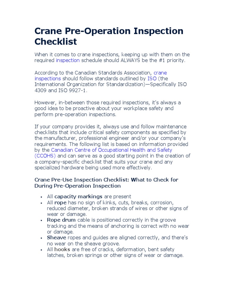 Crane Operation Checklist | PDF | Crane (Machine) | Manufactured Goods