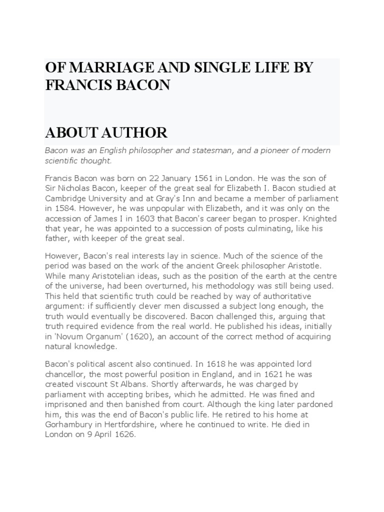 Critical Analysis OF MARRIAGE AND SINGLE LIFE BY FRANCIS BACON | PDF ...