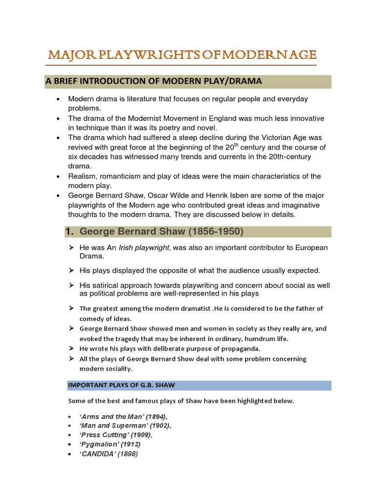 Major Playwrights of Modern Age | PDF | George Bernard Shaw | Henrik Ibsen