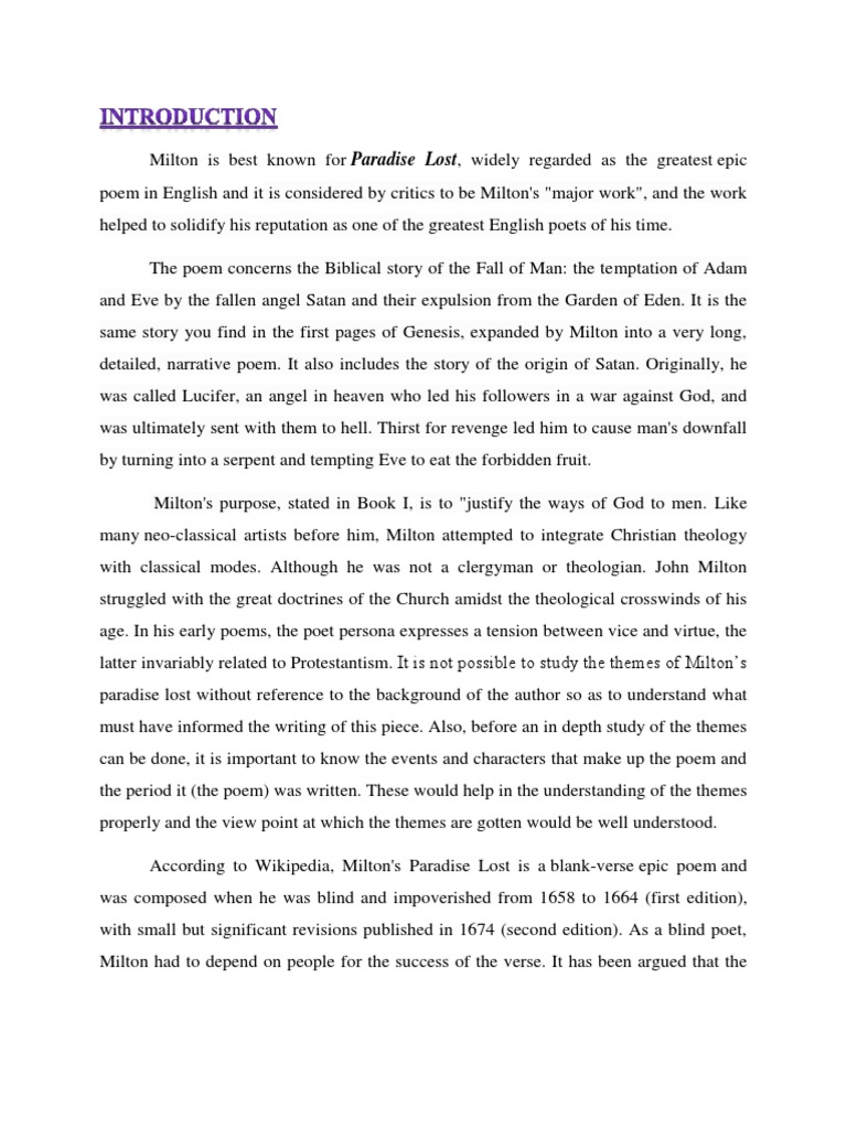 Critical Analysis of Paradise Lost Book 1 | PDF | Paradise Lost | Adam ...