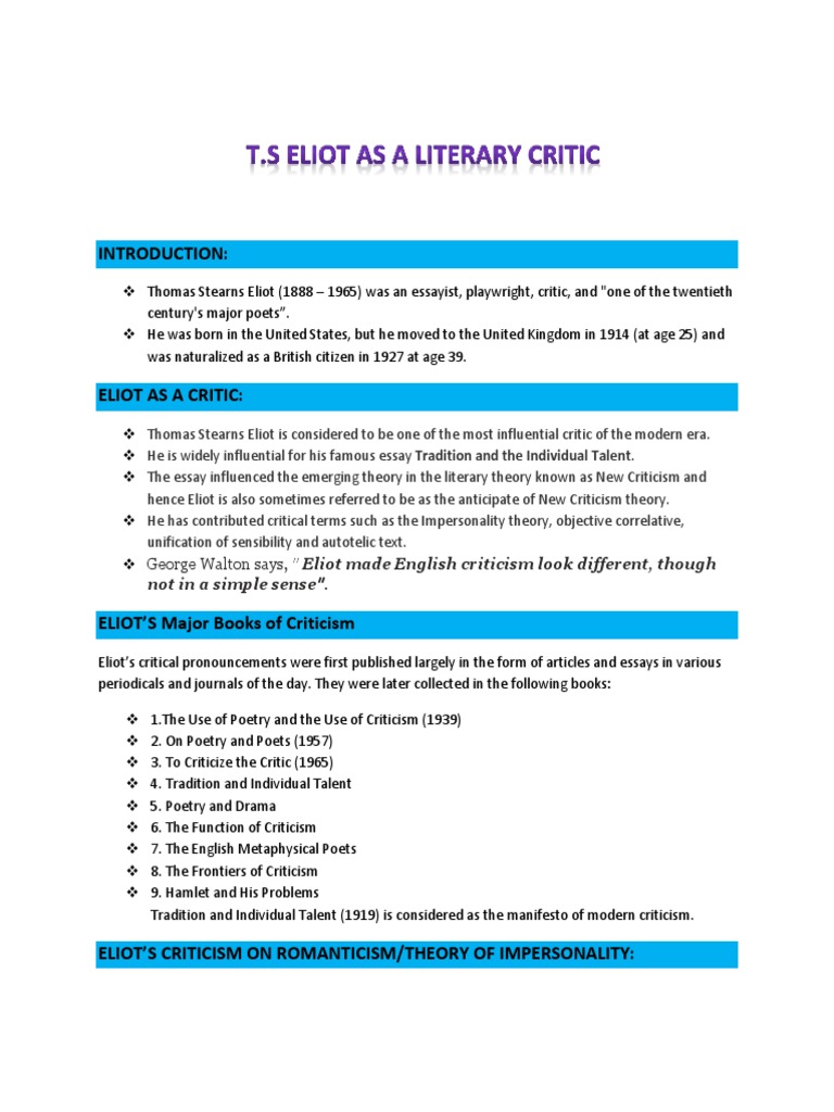 Thomas Stearns Eliot: His Influential Literary Criticism and Key ...