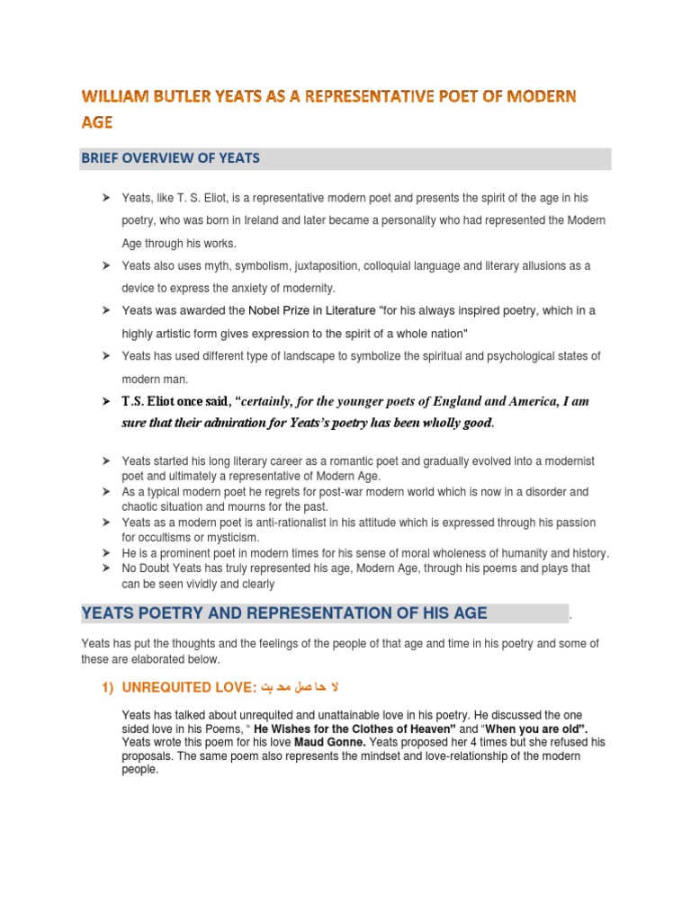 William Butler Yeats As A Representative Poet of Modern Age | PDF | W ...