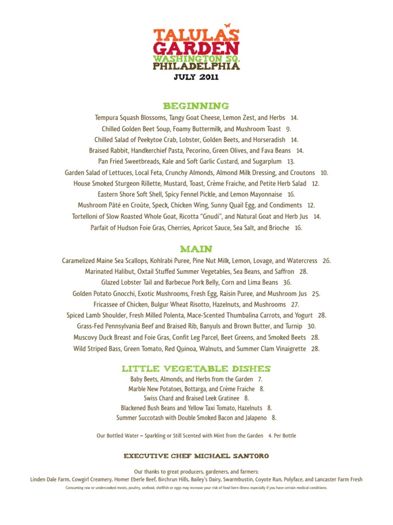 Talula's Garden July 2011 Menus | PDF | Rose | Salad